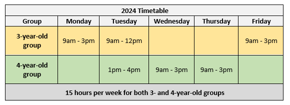 2024 Timetable | Brentwood Preschool